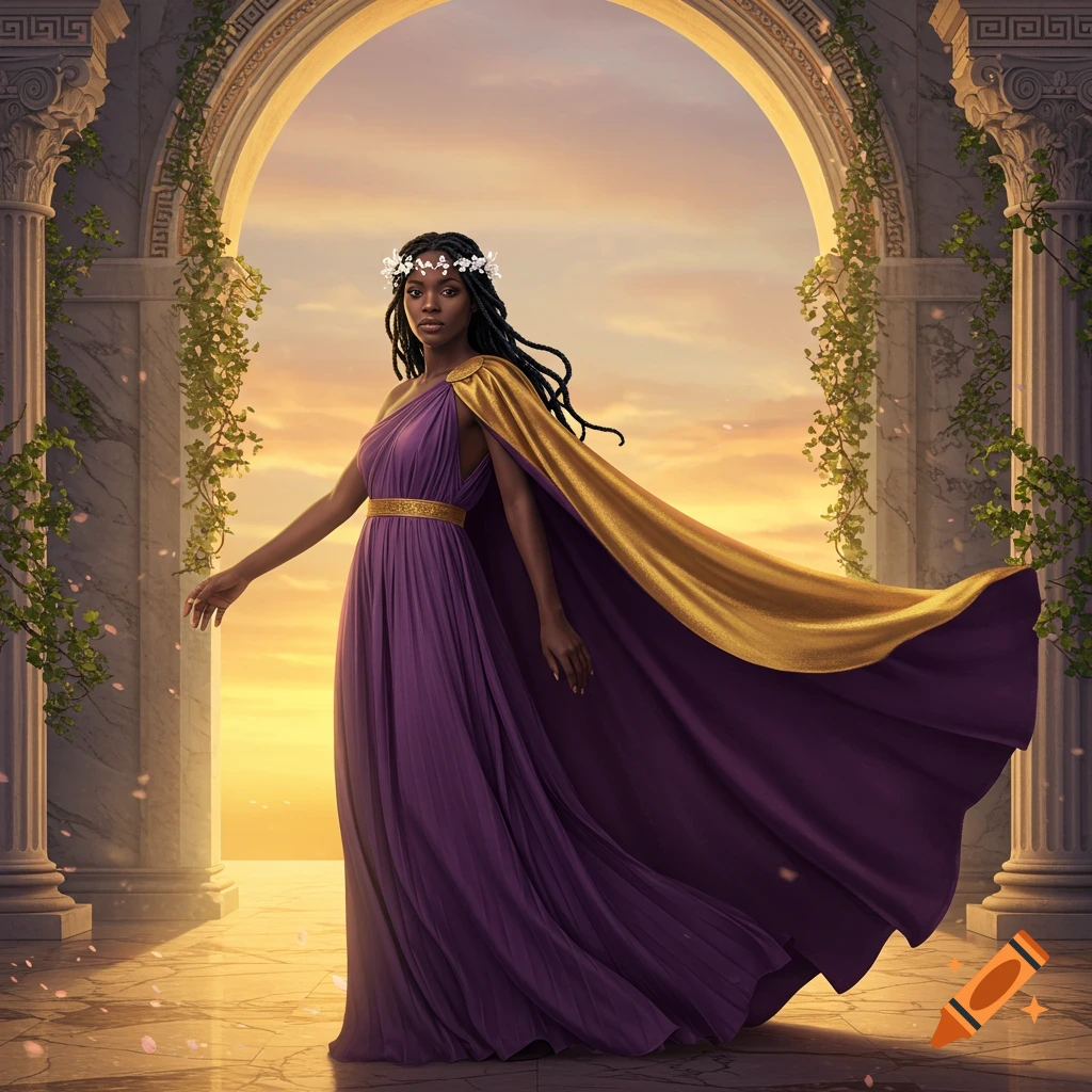 A woman in a flowing purple dress and gold cape stands under an ancient ...