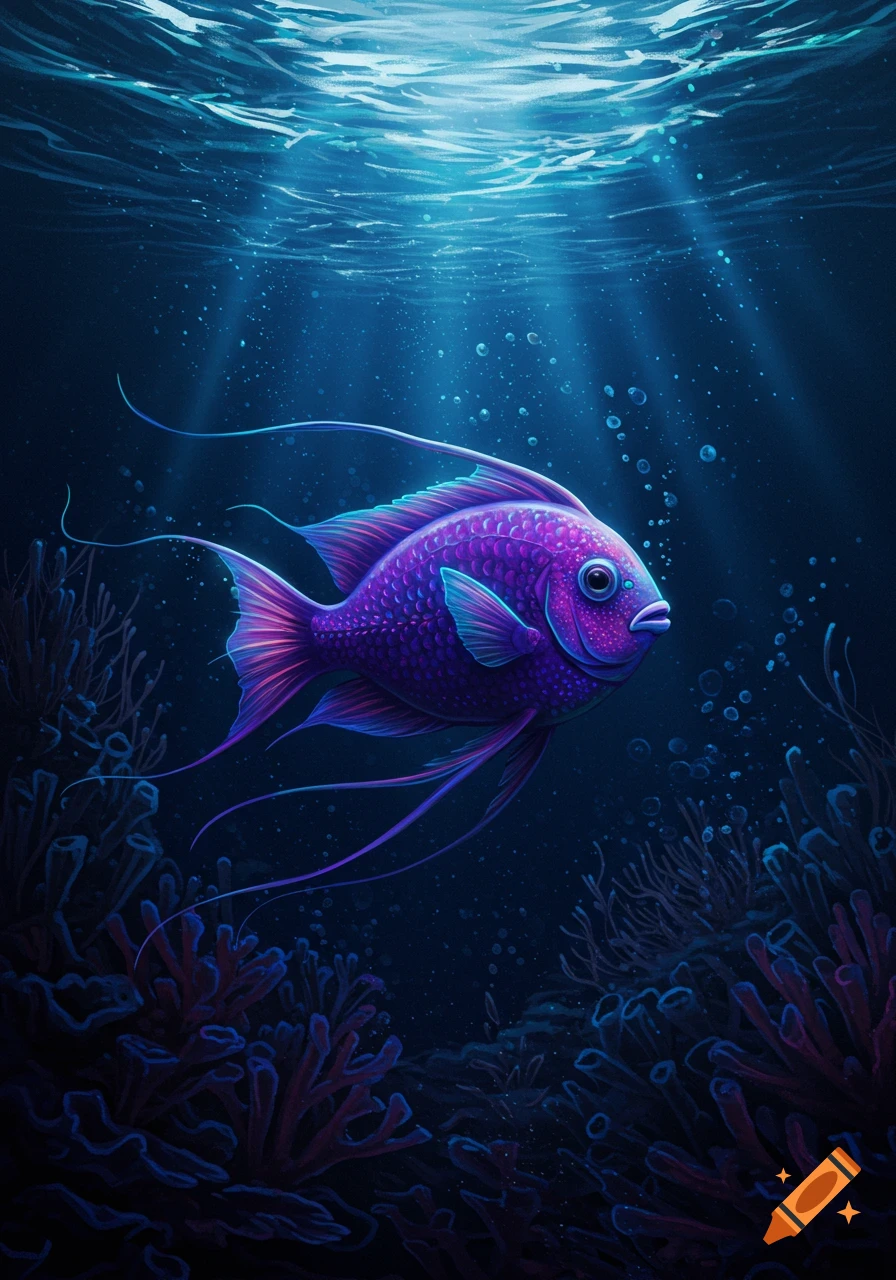 An intimidating catfish with long whiskers swims in dark blue water ...