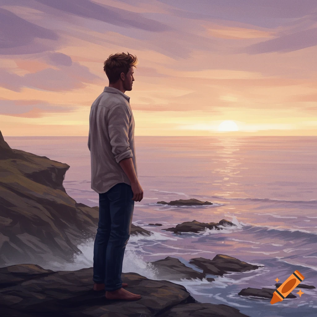 A man stands on a rocky cliff overlooking the ocean at sunset in a ...