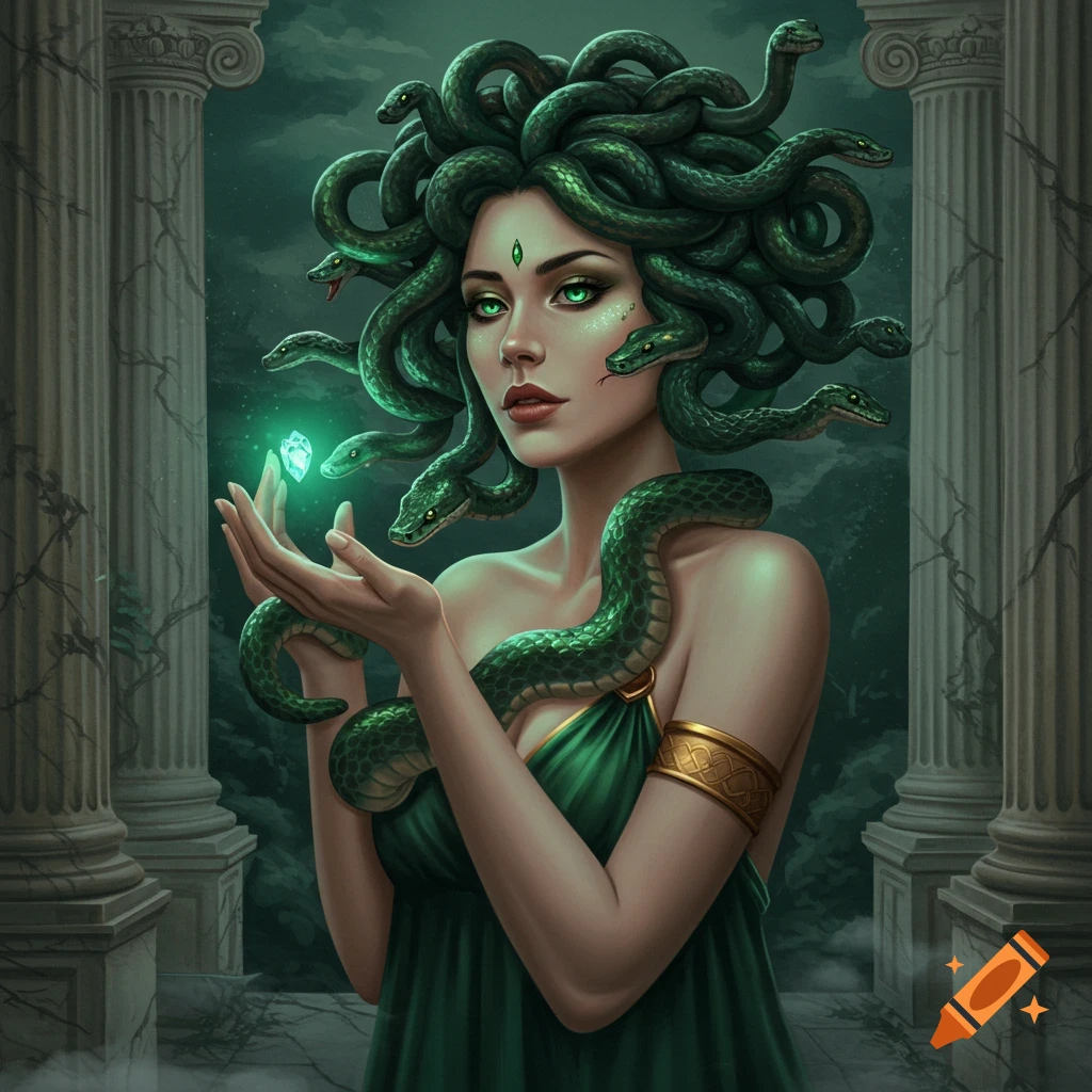 Realistic portrait of Medusa with green skin and glowing eyes, snakes ...