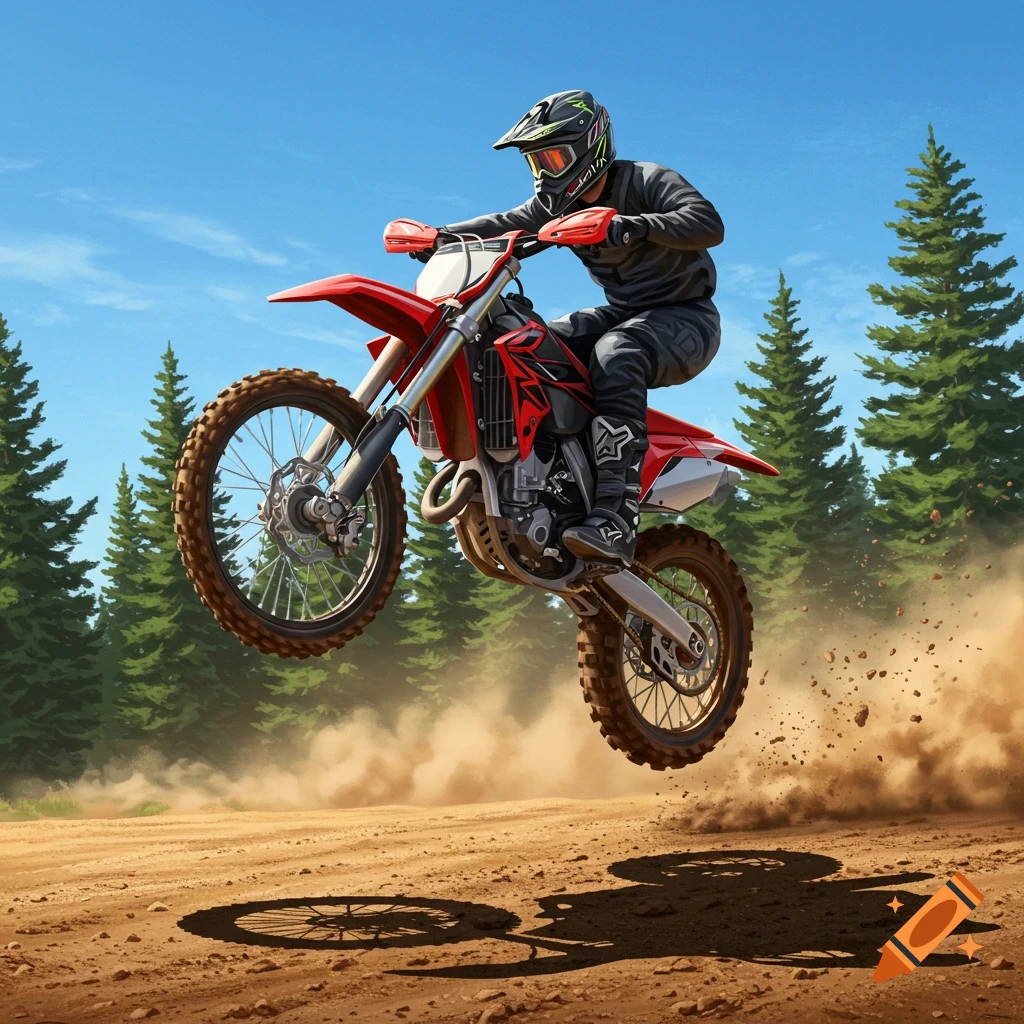 Motocross rider on a red dirt bike soaring over sandy dunes, kicking up ...