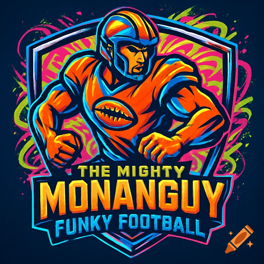 A vibrant, stylized logo features a muscular football player in orange ...
