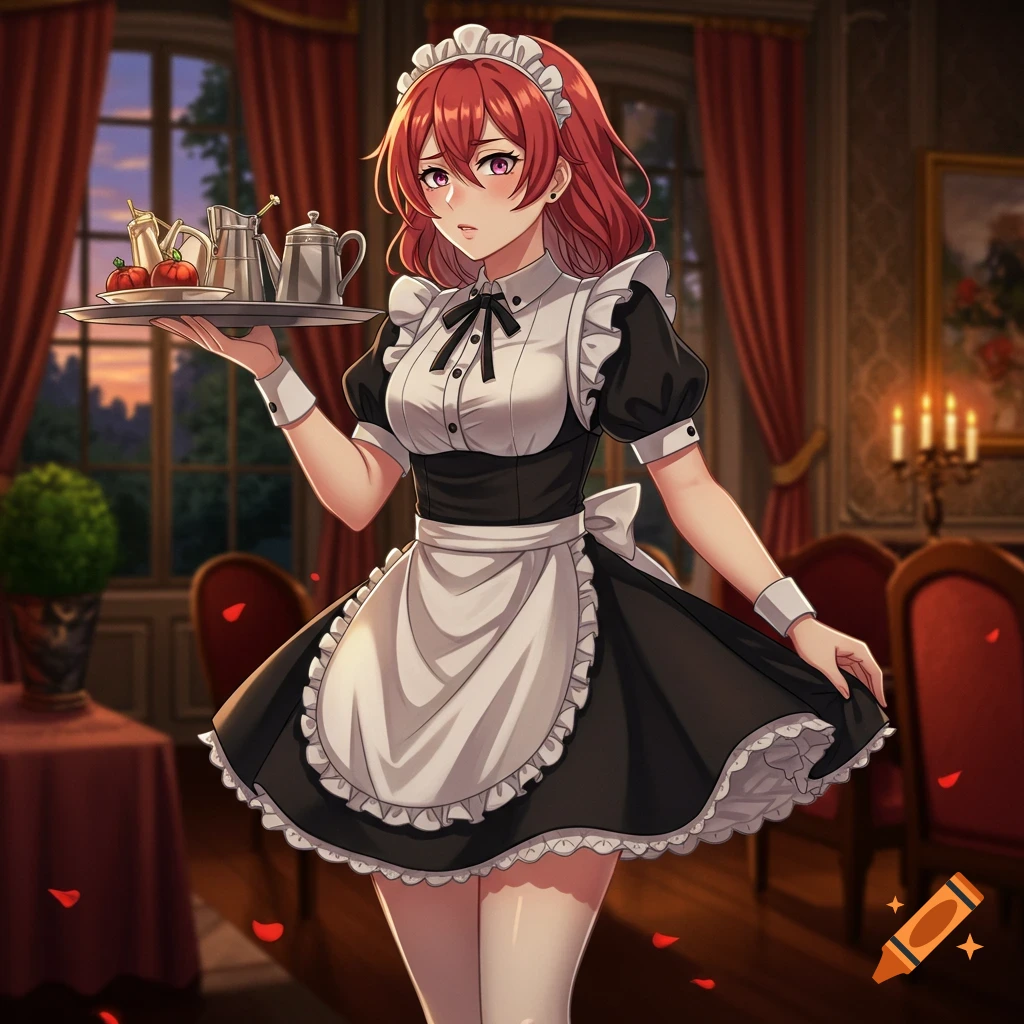 An anime maid with red hair holds a tray with teapots and fruit in a ...