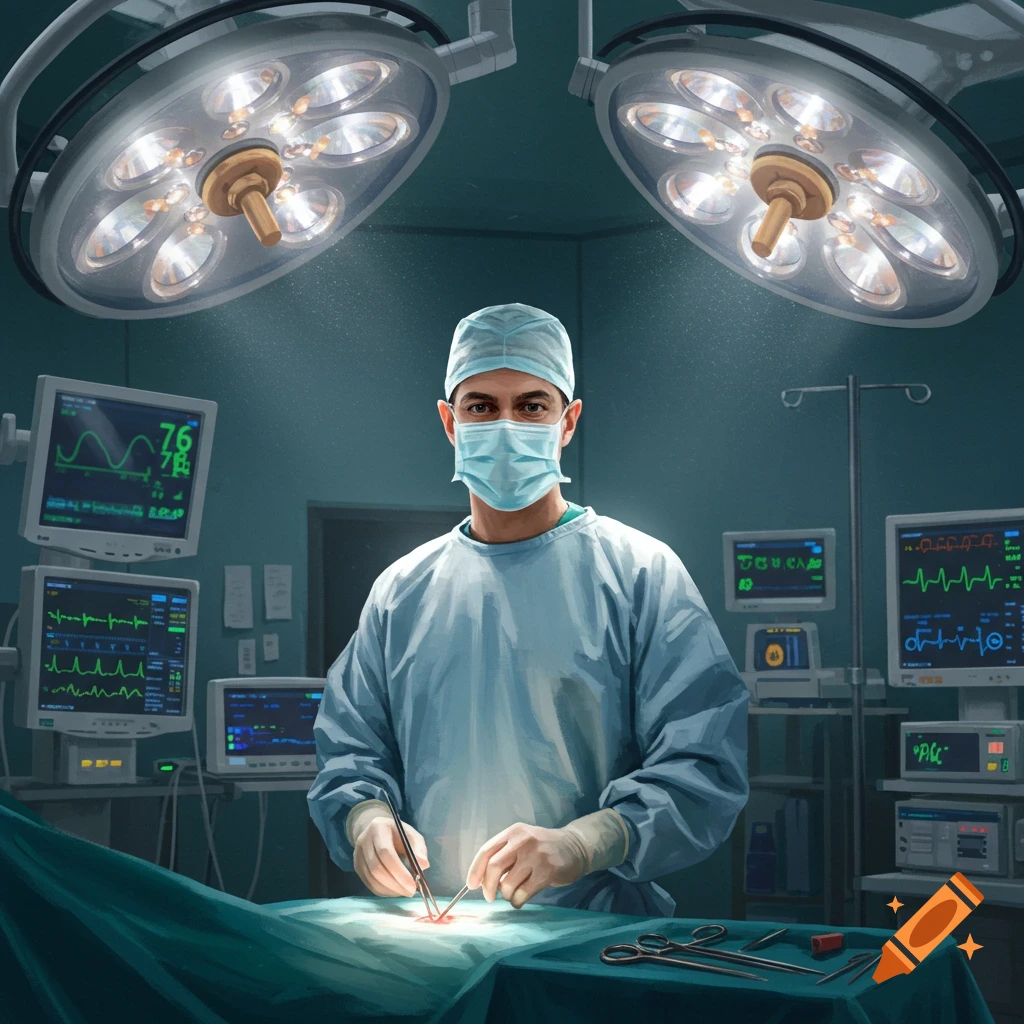 A team of diverse surgeons in teal scrubs and masks performing an ...
