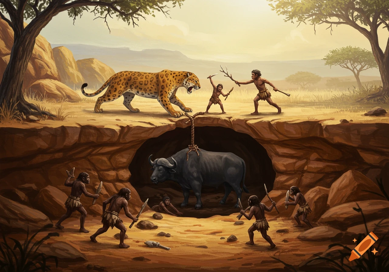 A stylized illustration of prehistoric humans battling a spotted big ...