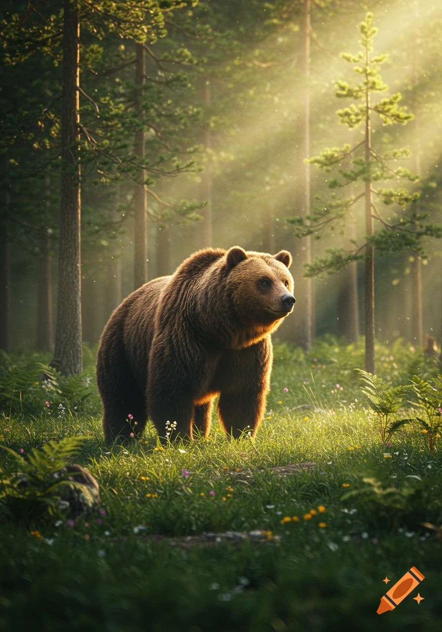 A brown bear wearing a plaid hat sits in a sun-dappled forest among ...