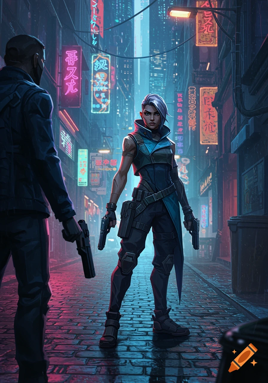 A female cyberpunk character with white hair and tactical gear holds ...