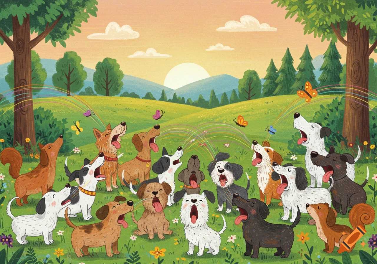 A group of happy cartoon dogs playing and jumping in a vibrant green ...