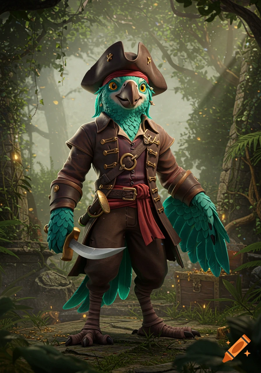 A stylized 3D render of a green humanoid pirate parrot standing in a ...