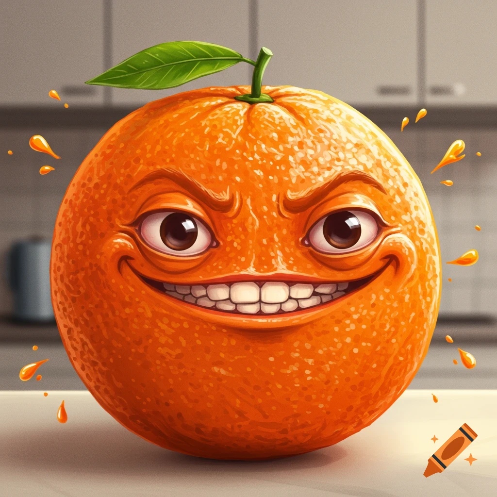 A cartoon orange with a mischievous, grinning face and large eyes sits ...