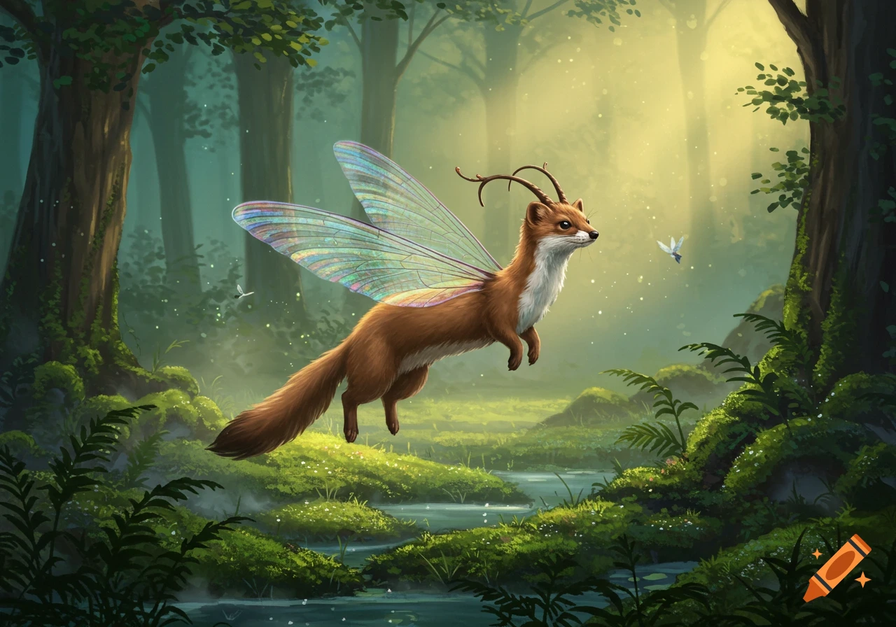 A blue-haired fairy with transparent wings sits on a glowing flower in a dark, magical forest ...