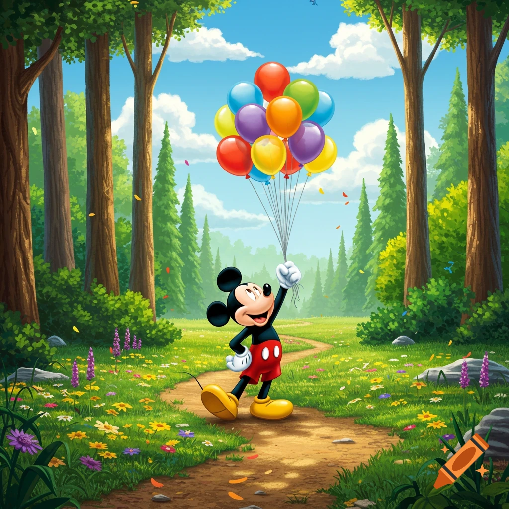 Cartoon Mickey Mouse holds a red umbrella on a winding path through a ...