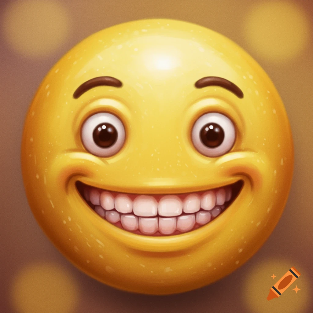 A realistic 3D yellow smiley face emoji with a big smile and brown eyes ...