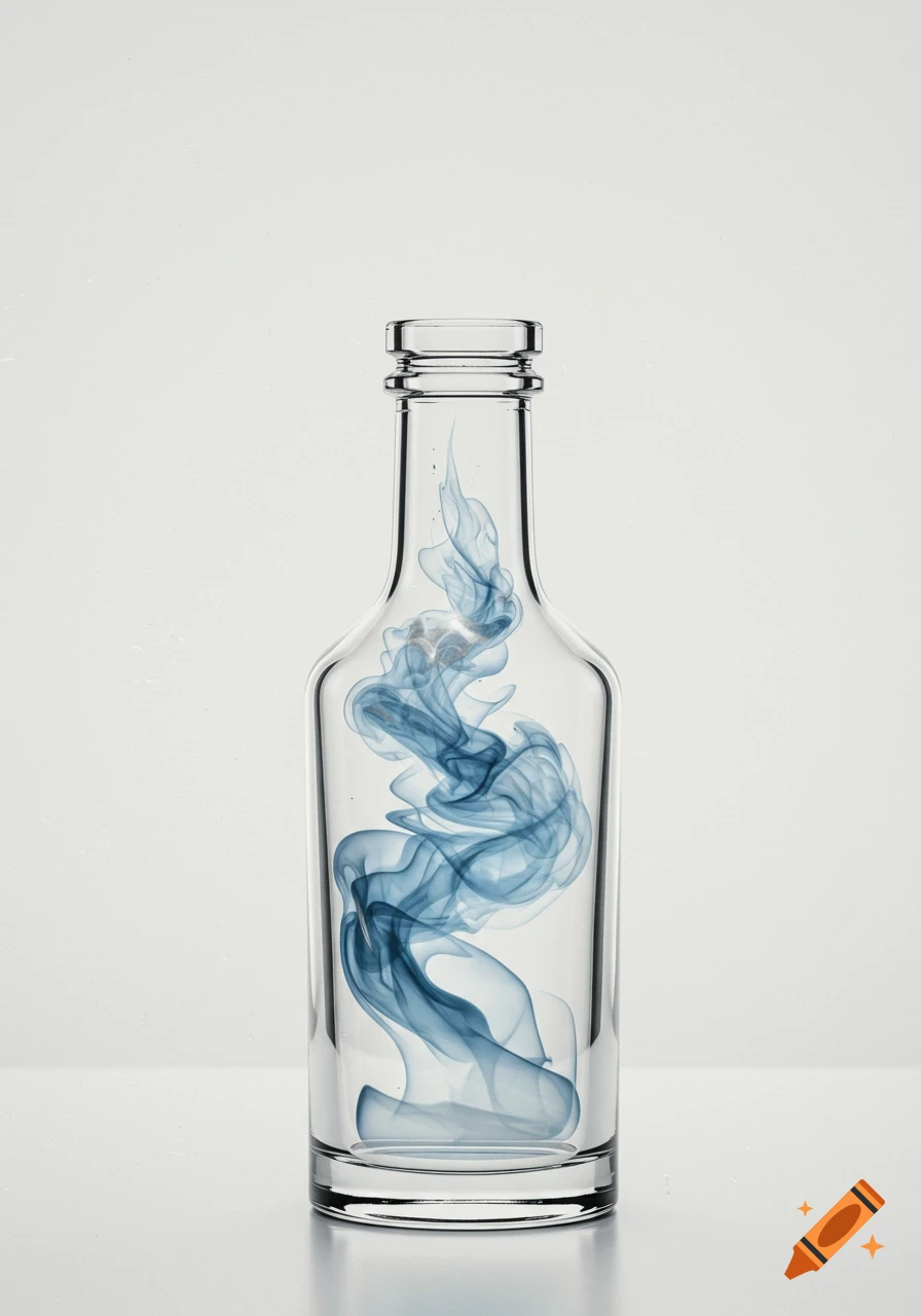 A sleek glass bottle containing swirling blue and silver mist on a ...