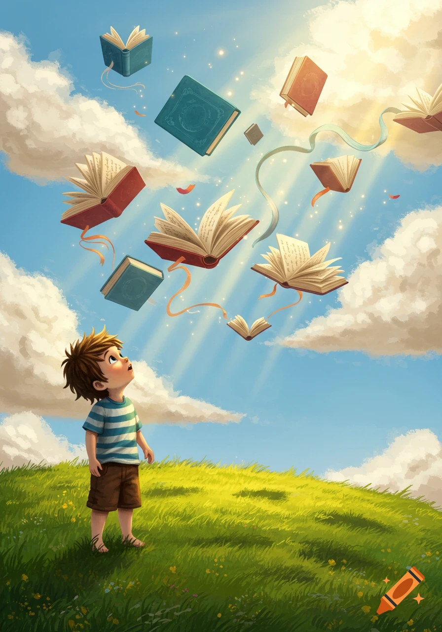 Happy child with arms wide open in a sunny watercolor meadow with floating hearts. on Craiyon