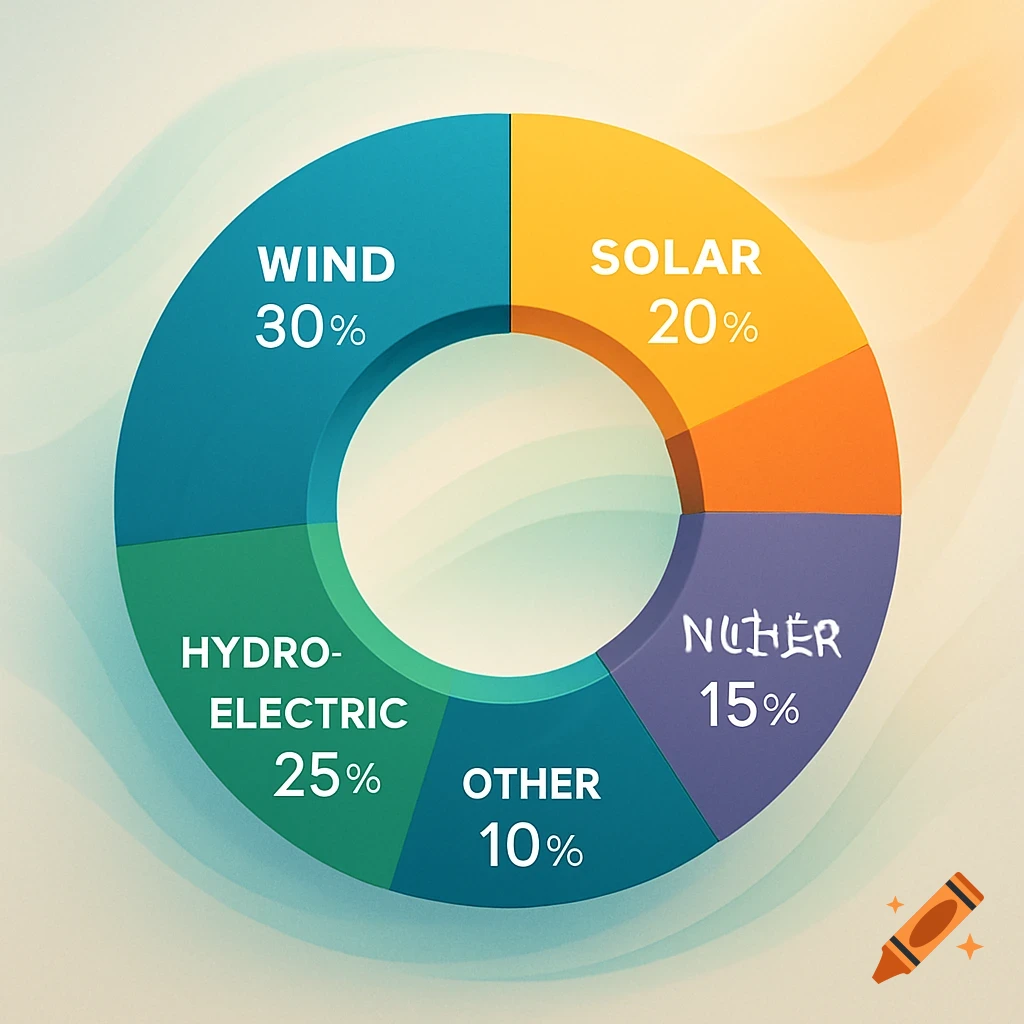 A colorful pie chart displaying energy sources: Wind 30%, Solar 20% ...