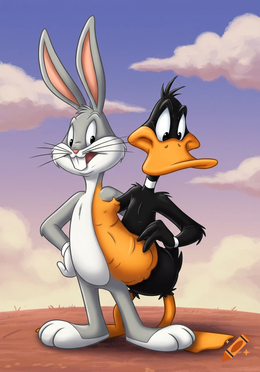 Bugs Bunny and Daffy Duck conjoined, standing against a sky background ...