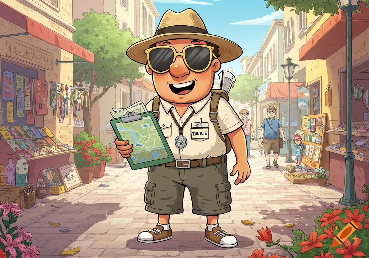 A cartoon tour guide wearing a fedora and sunglasses holds a map on a ...