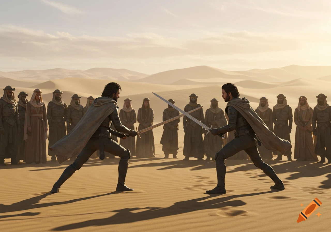 Two men in cloaks engaged in a sword fight on a vast desert with an ...