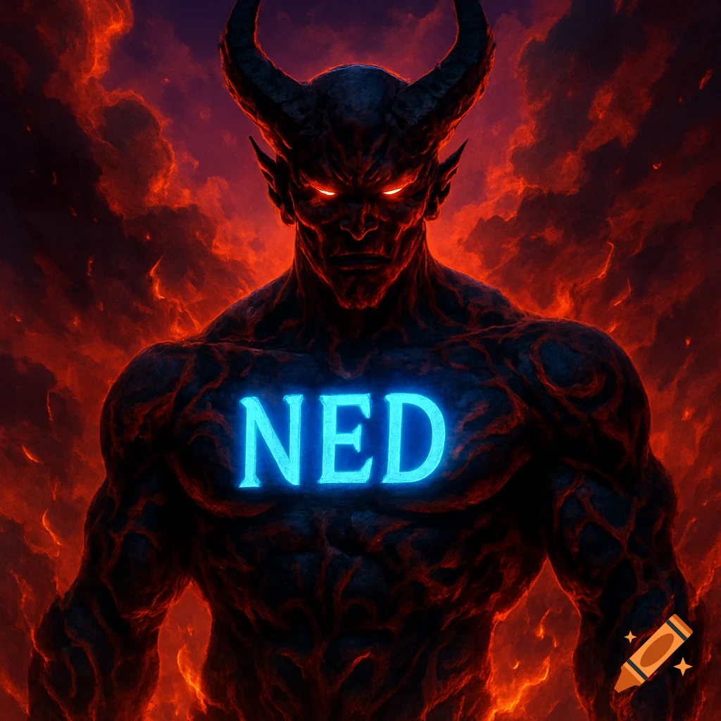 A dark, horned demon with glowing red eyes and glowing blue 'NED' text ...