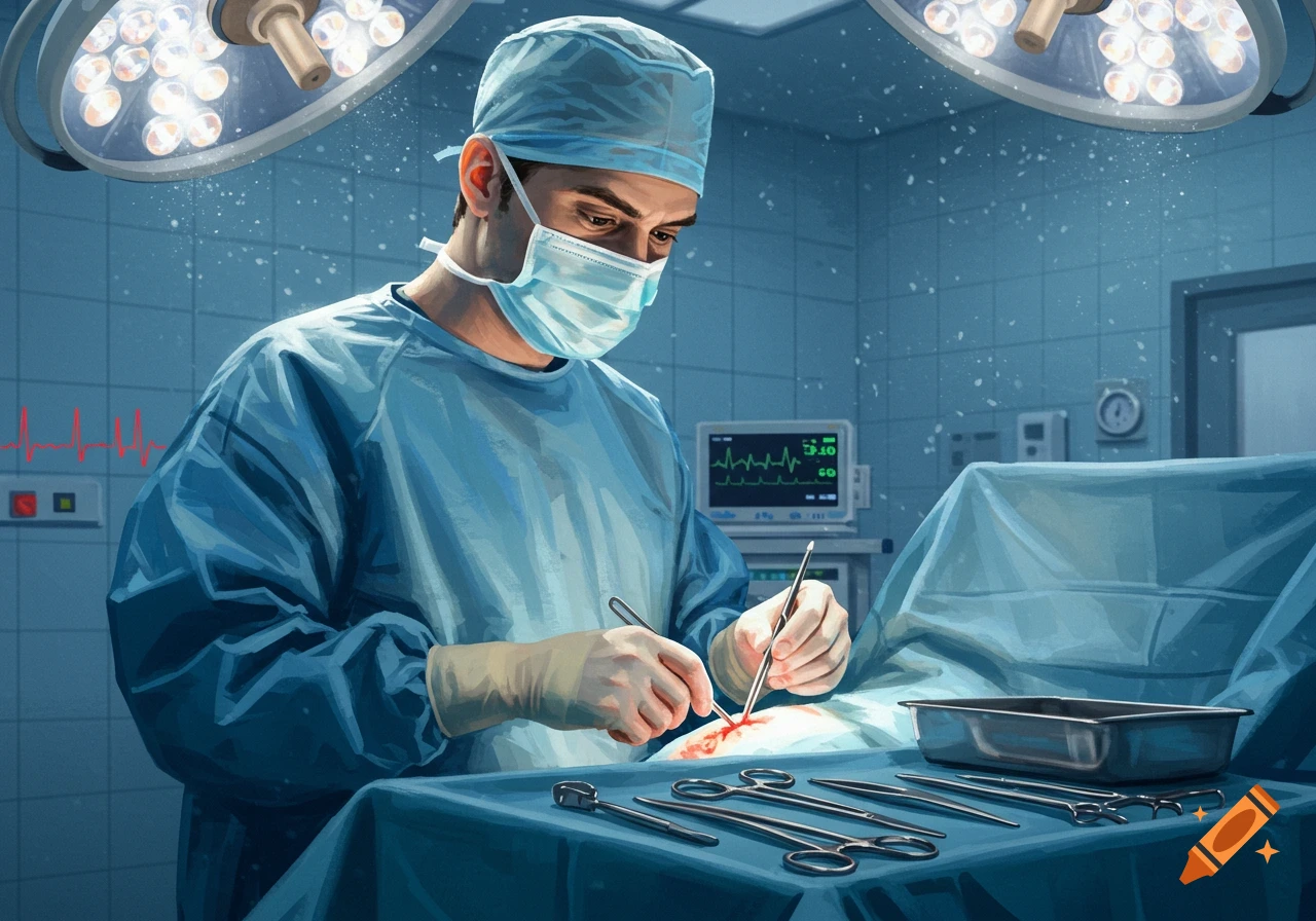 A cartoon female surgeon with blonde hair, blue eyes, glasses, mask ...