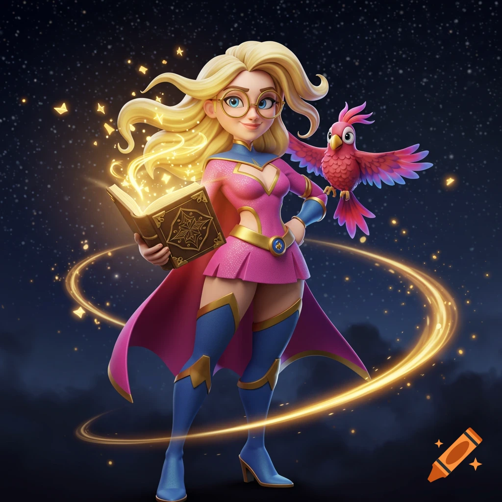 A blonde superheroine with glasses holds a glowing magical book ...