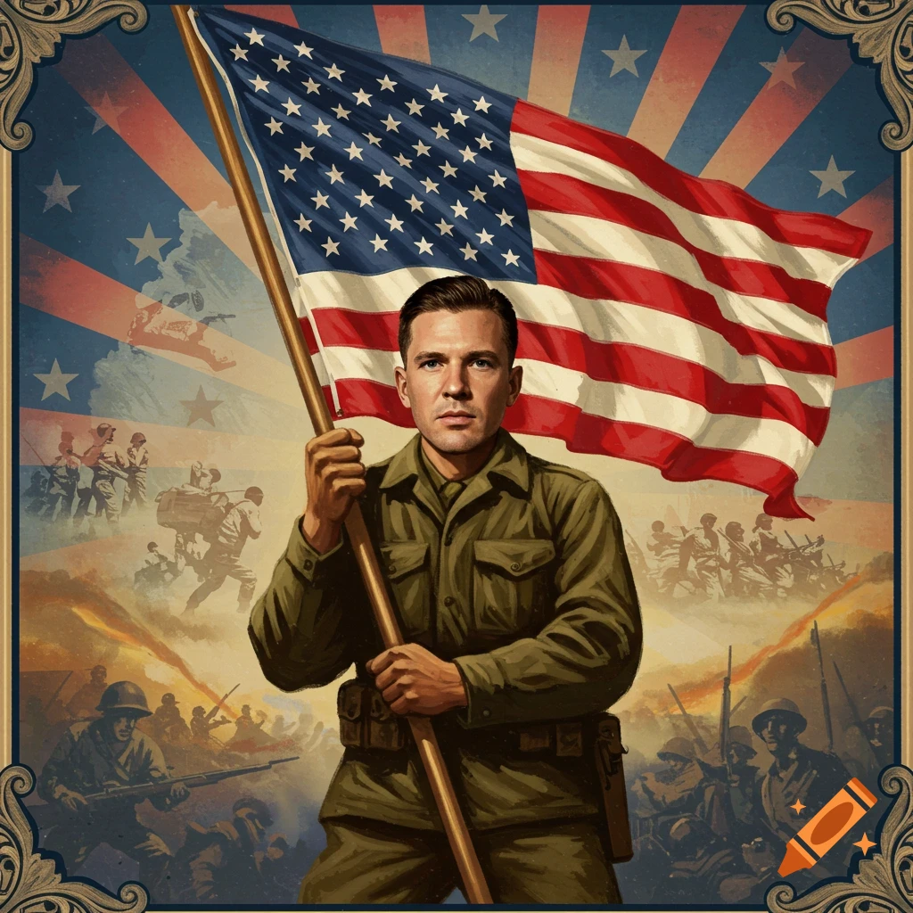 A vintage patriotic poster features a soldier holding the American flag ...