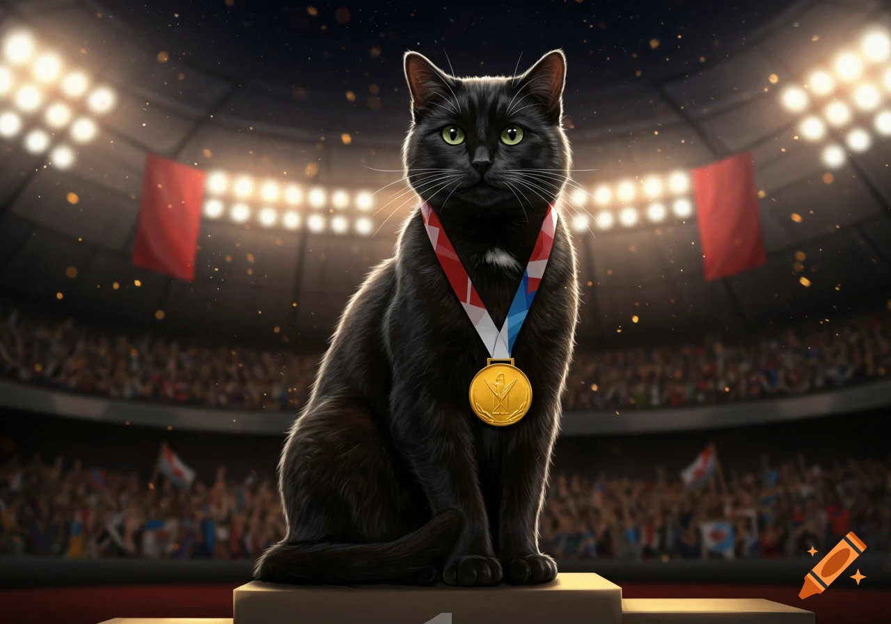 A photorealistic black cat wearing a gold medal sits on a winner's ...