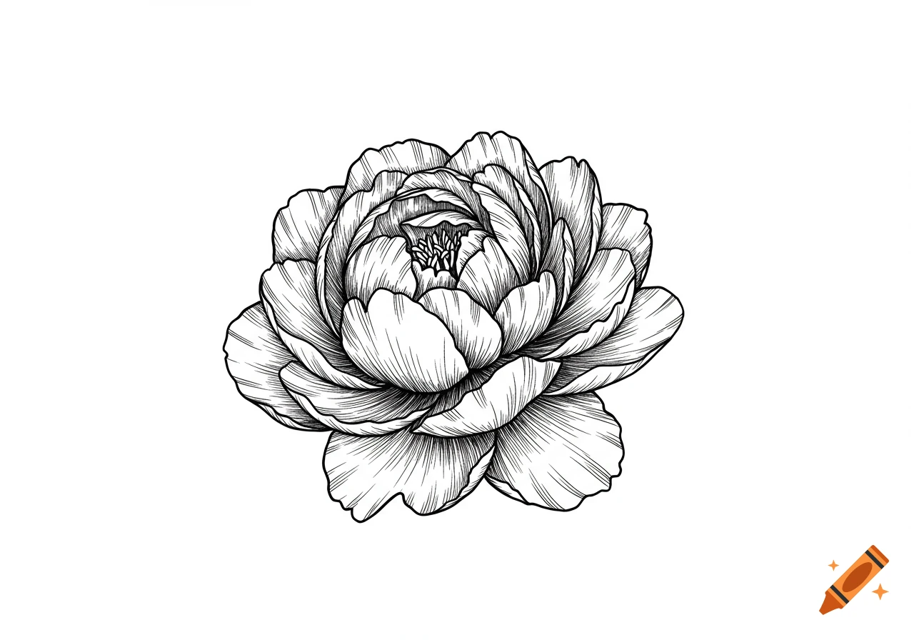 Black and white line drawing of a peony flower on a white background ...