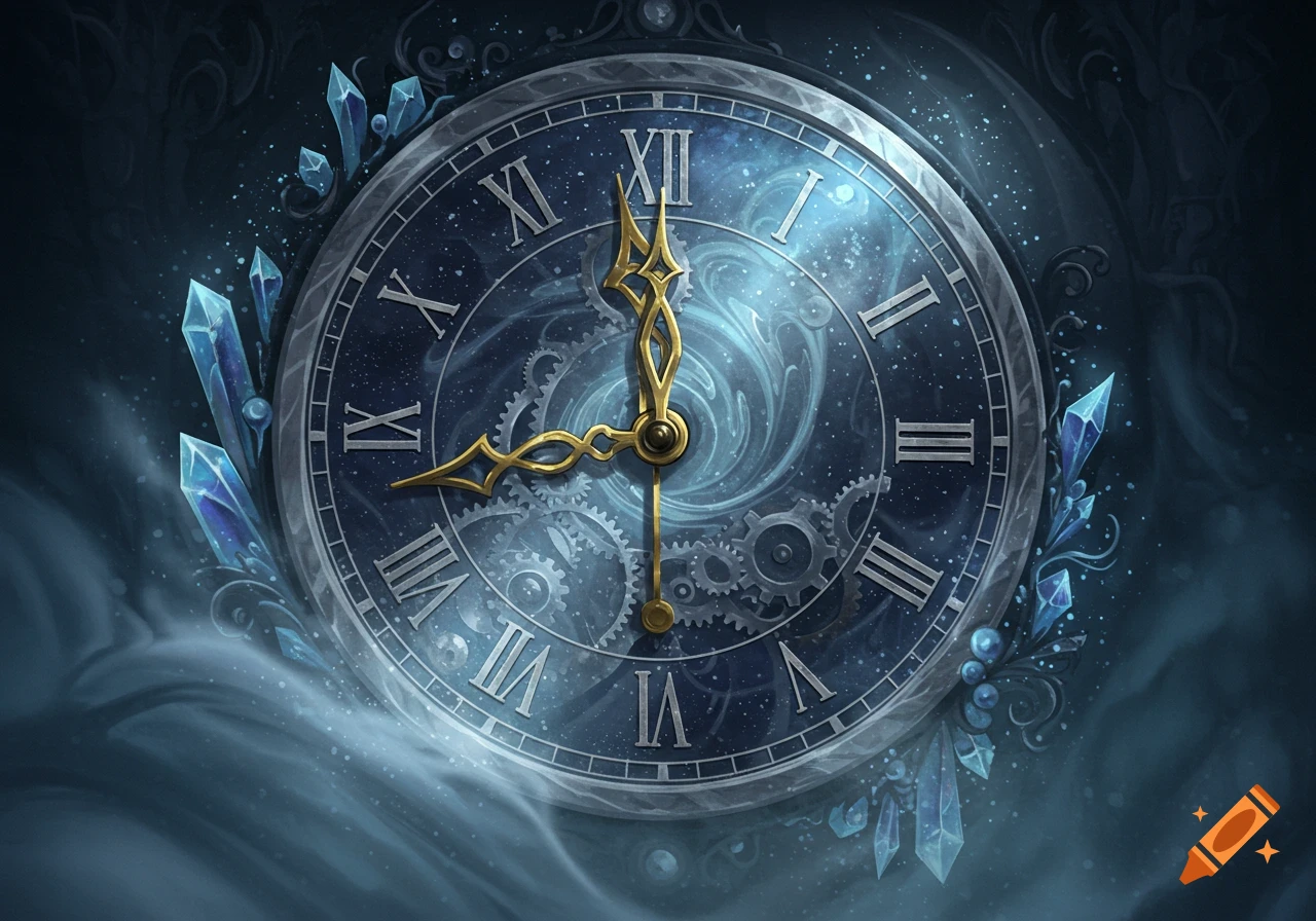 An ornate, fantastical clock with gold hands and Roman numerals, set ...