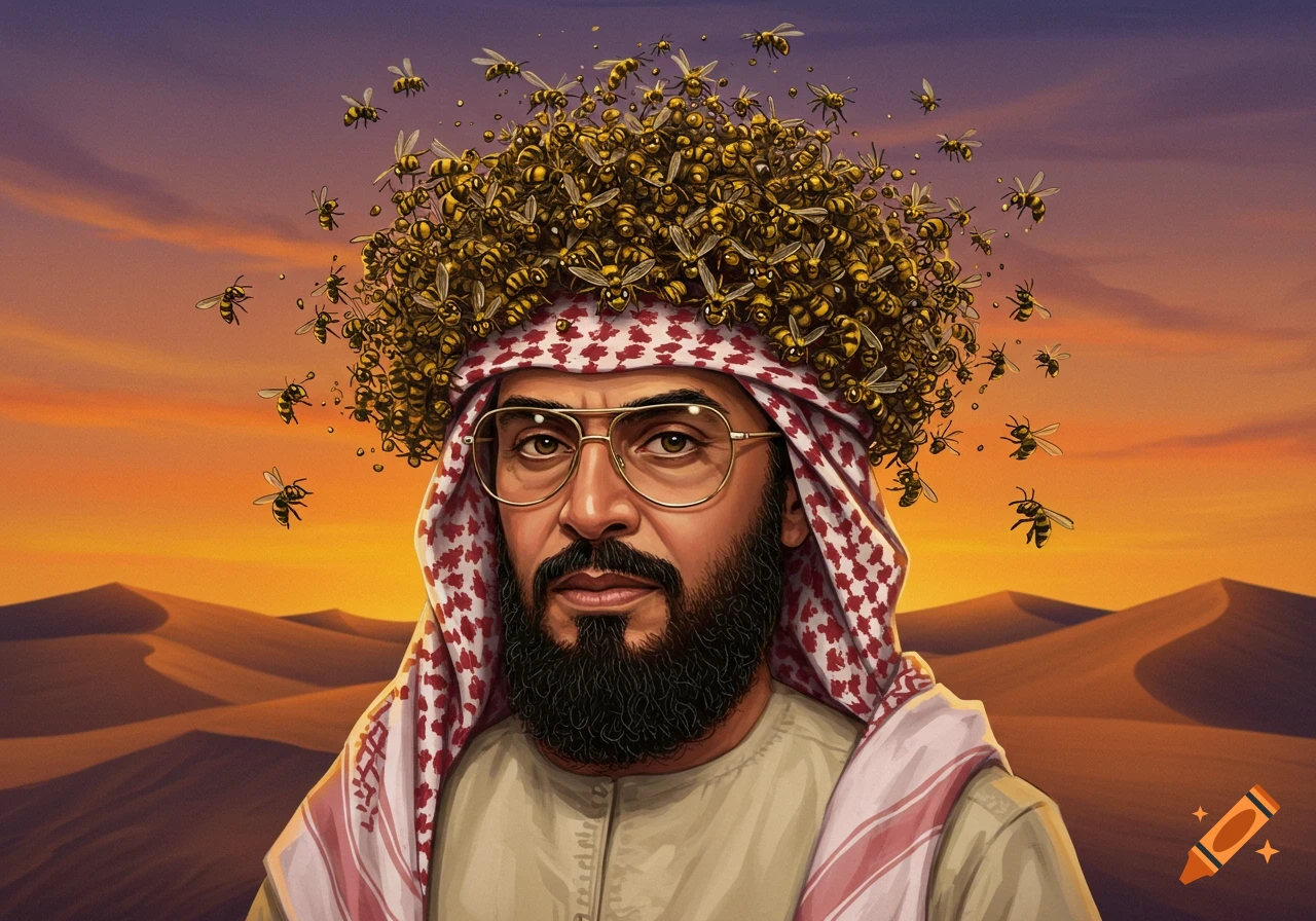 A surreal illustration of a bearded Arab man wearing glasses and a ...