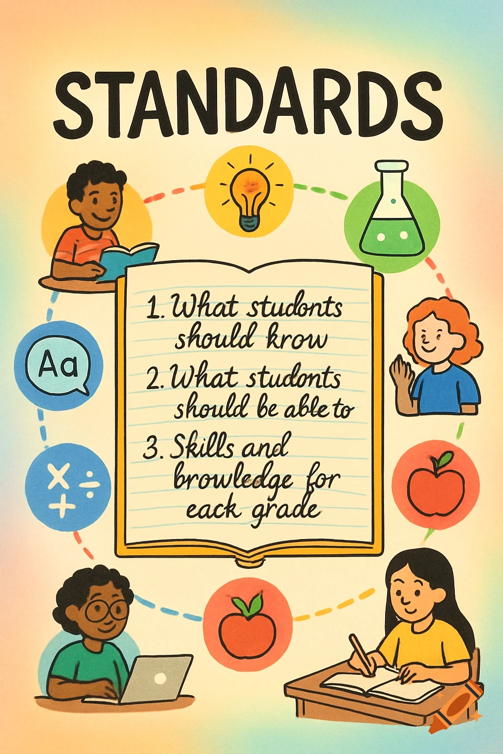 A colorful cartoon anchor chart titled "STANDARDS", illustrating ...