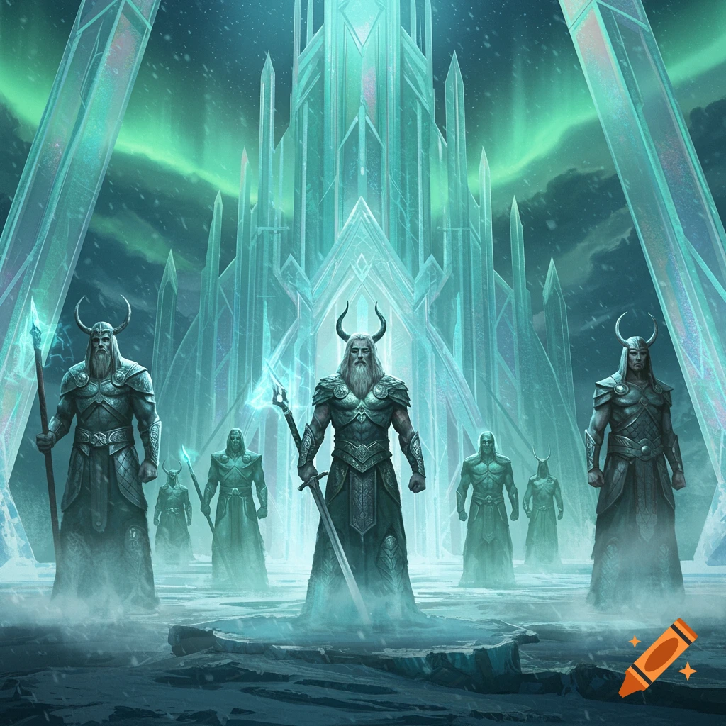 Armored Nordic gods stand before a luminous ice castle under the aurora ...