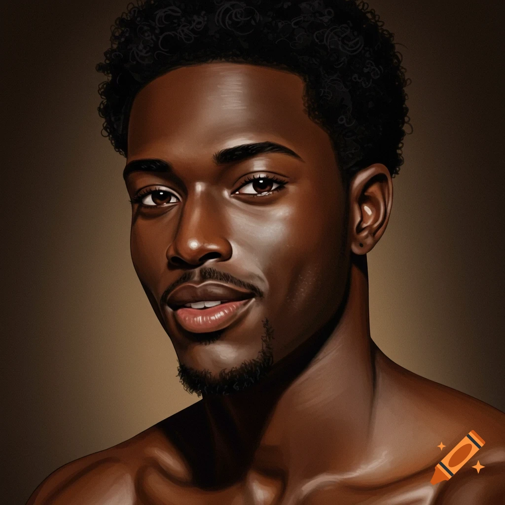 Photorealistic studio portrait of a young Black man with voluminous curly hair, a fresh fade ...