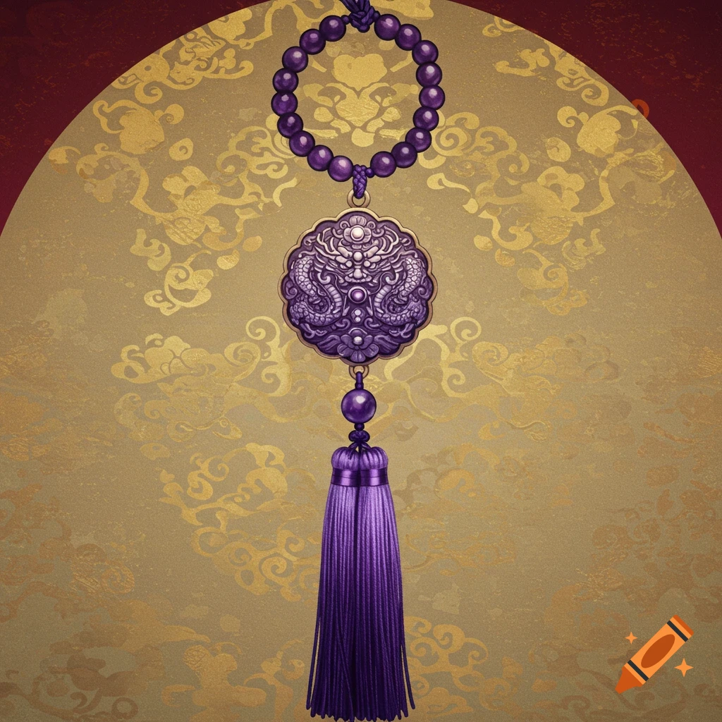 A vibrant purple norigae featuring a round pendant with two intricately ...