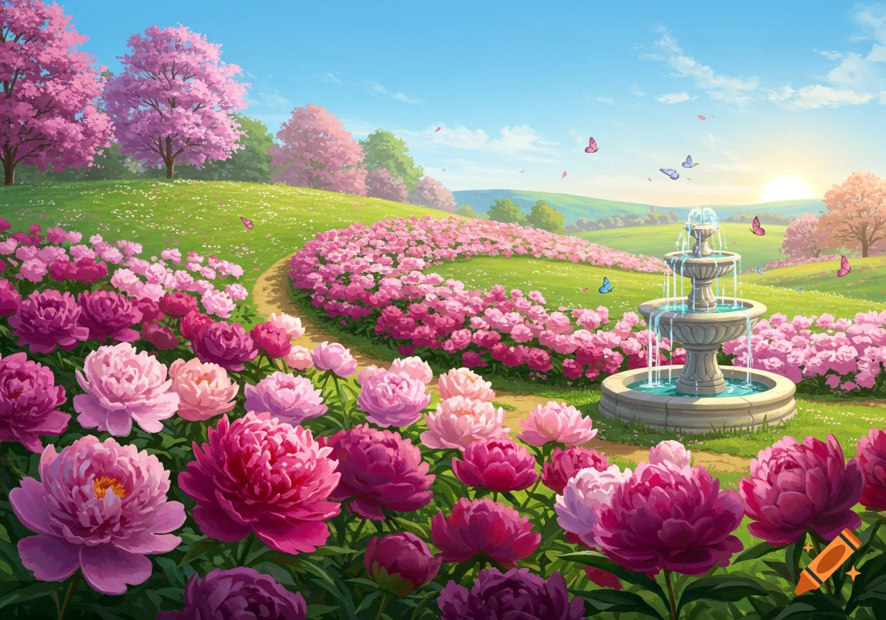 A vibrant flower garden with a stone path, sunflowers, pink cherry ...