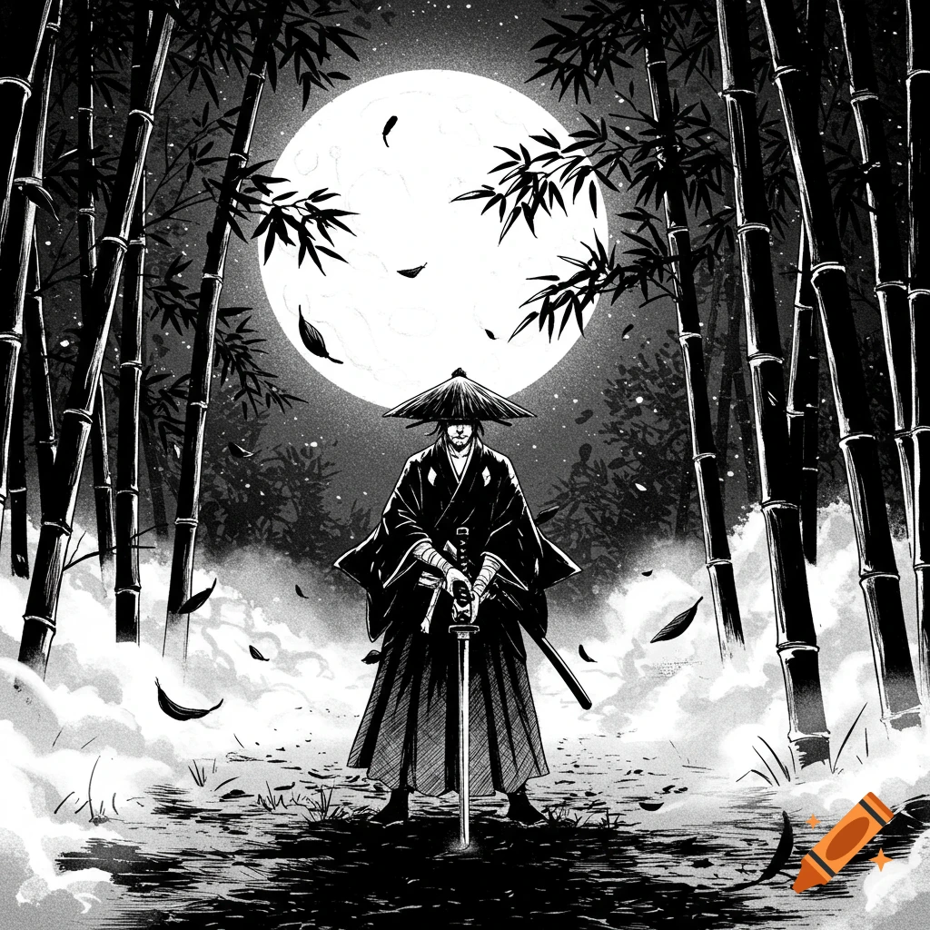 Black and white manga-style illustration of a lone samurai in a bamboo ...