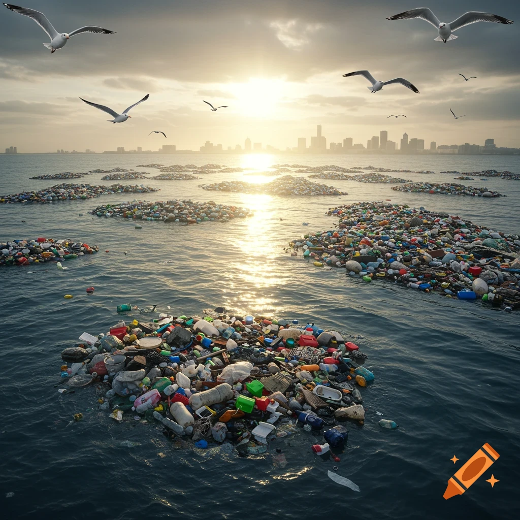 A photorealistic split image showing a dirty, overflowing green trash ...