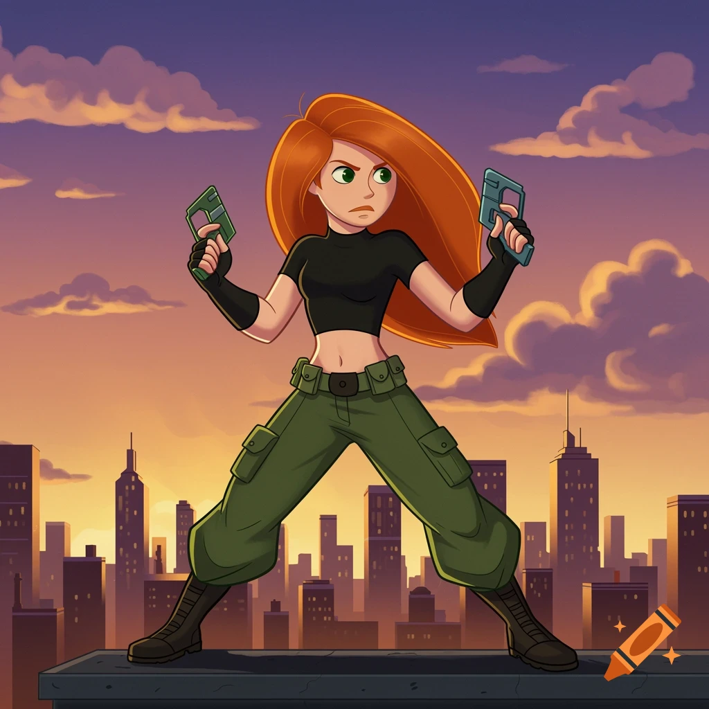 Cartoon of Kim Possible in a black suit, standing on a rooftop at night ...