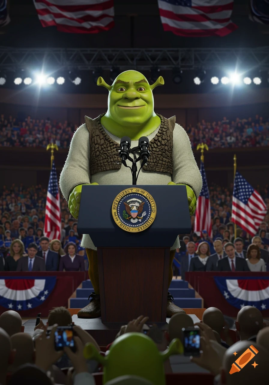 Shrek, the animated ogre, stands at a presidential podium with ...