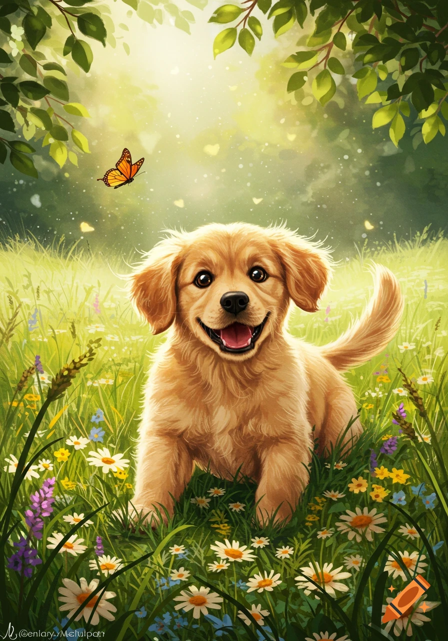 A cute cartoon golden retriever puppy with big blue eyes smiles while ...