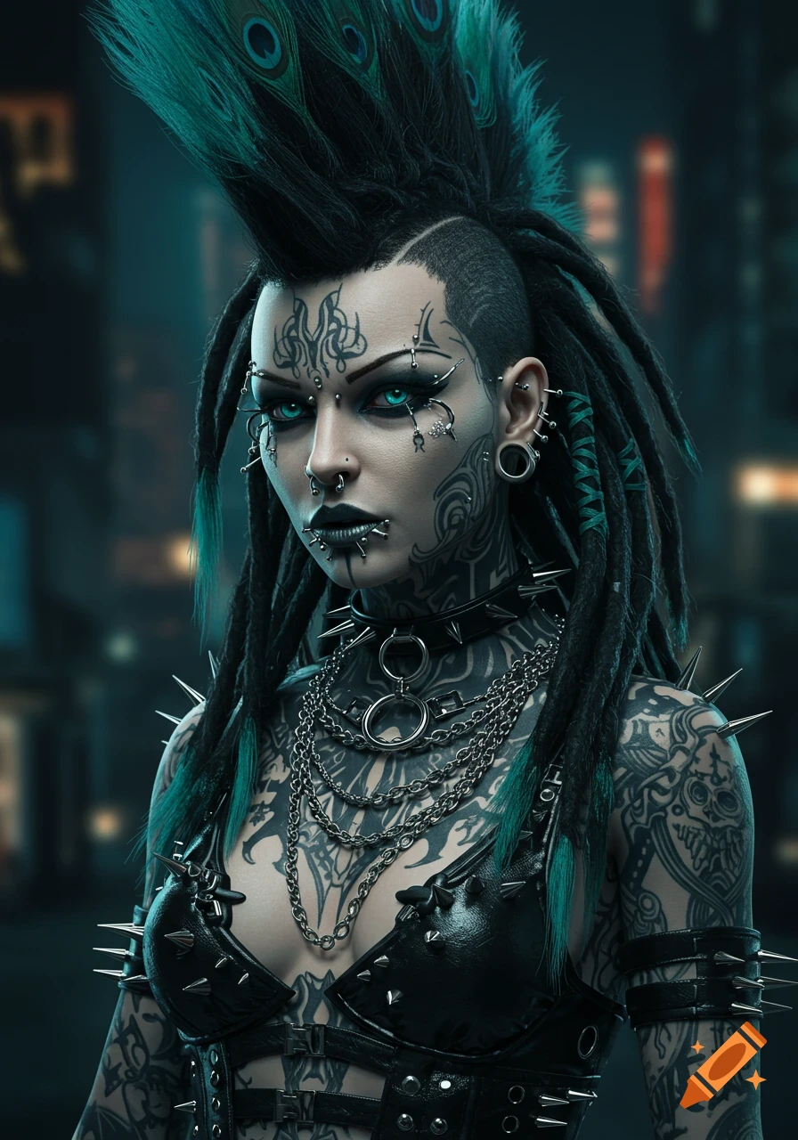 A woman in a neon green circuit board patterned corset, black spiked ...