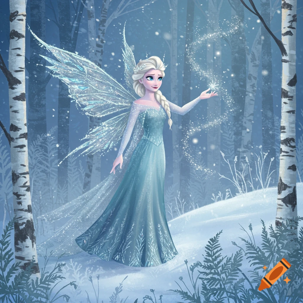 Elsa from Frozen as an ice fairy with sparkling wings and a long dress ...
