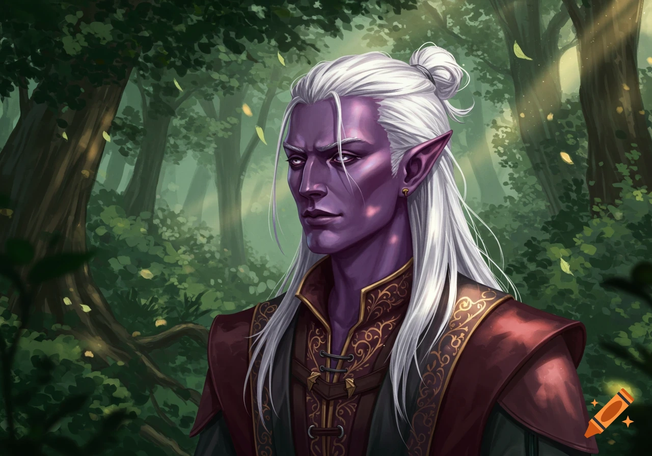 A purple-skinned male elf with white hair in a man bun wears medieval ...