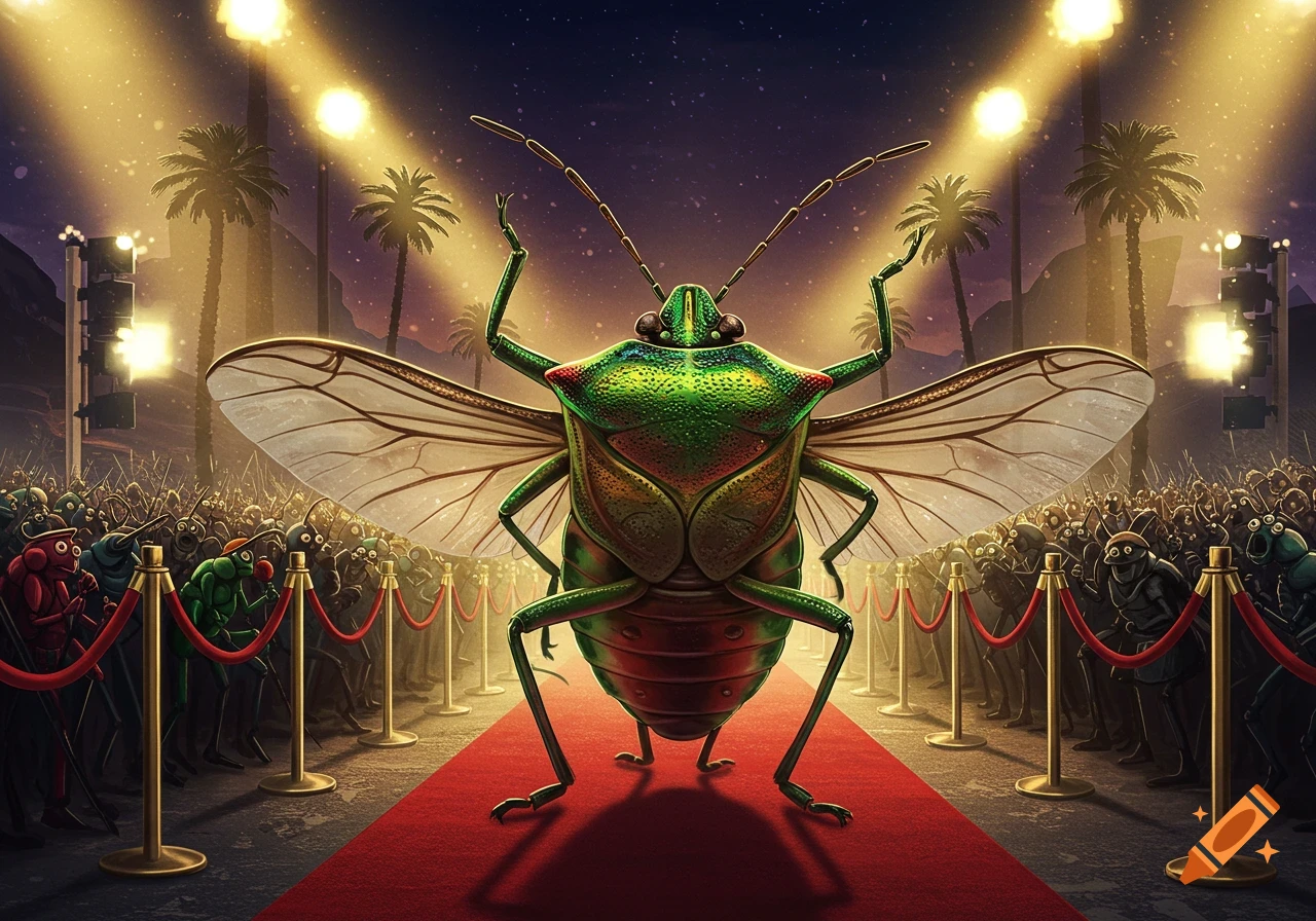 Two cartoon green grasshoppers in lab coats stand on a lab table with ...