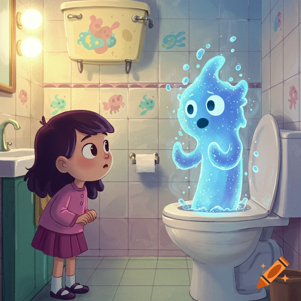 A curious little girl looks surprised at a blue glowing creature ...