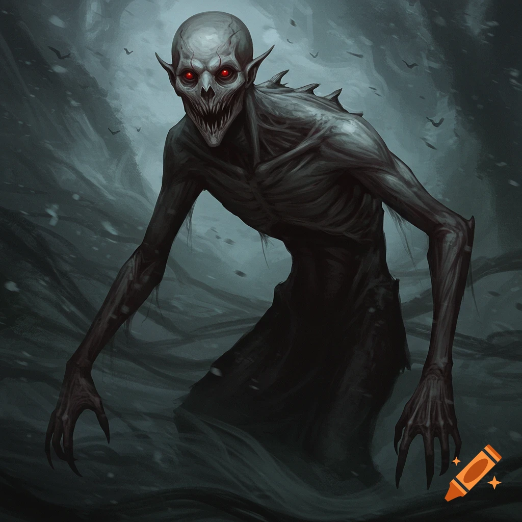A monstrous, pale-skinned creature with glowing red eyes, sharp teeth, and a skeletal body ...