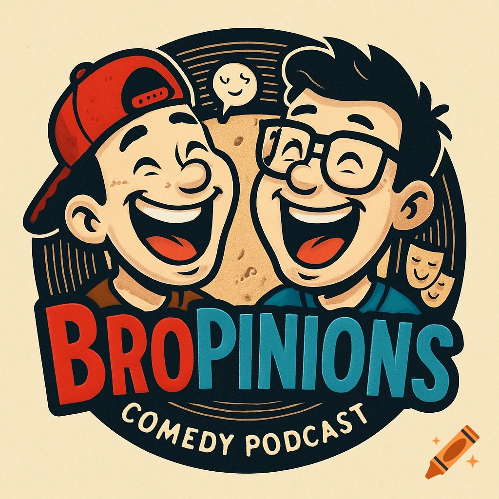 Cartoon logo for BroPinions Comedy Podcast featuring two broadly ...