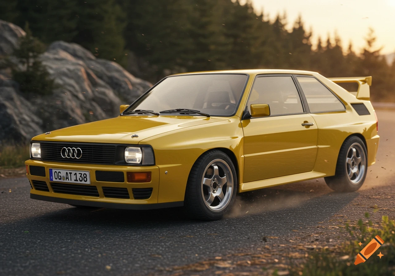 A white and yellow Audi Quattro S1 rally car kicks up dust as it speeds ...