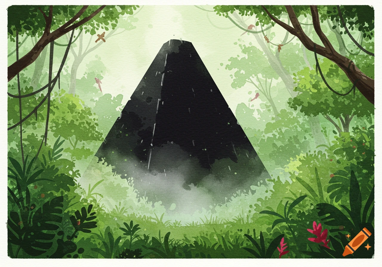 A black pyramid shrouded in mist in a lush green jungle, depicted in a ...